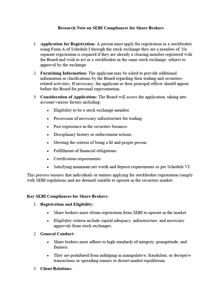 Research Note On SEBI Compliances For Share Brokers | PDF | Stockbroker | Securities (Finance)