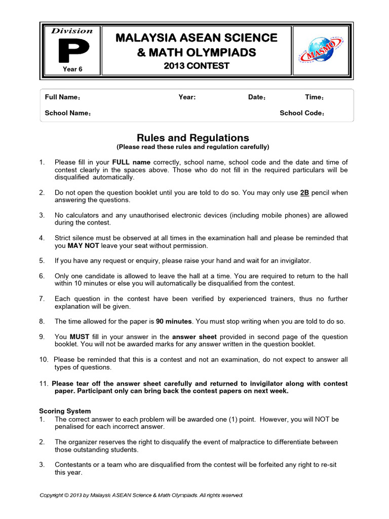 MASMO 2013 Contest Paper - Year 6 | PDF