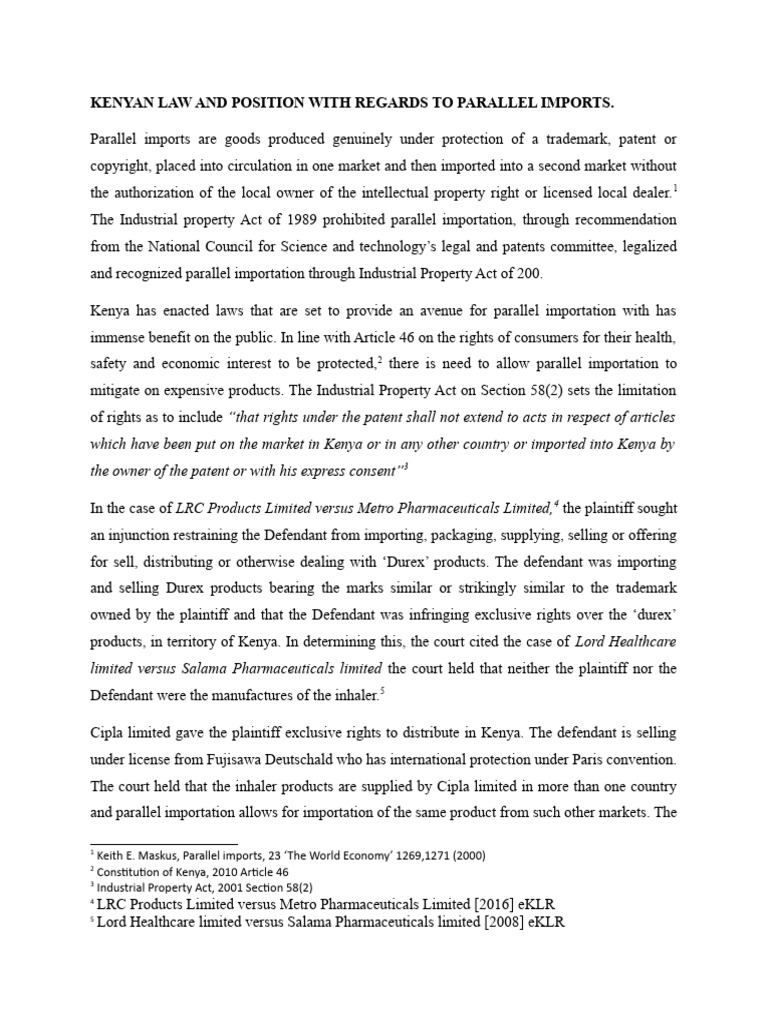 Parallel importation in Kenya | PDF | Patent | Trademark