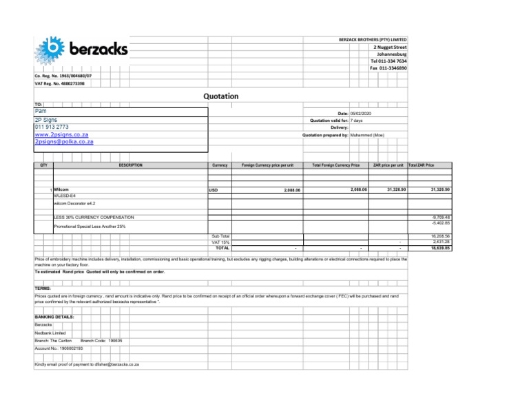Berzacks Quotation and Contact Info | PDF | International Finance ...
