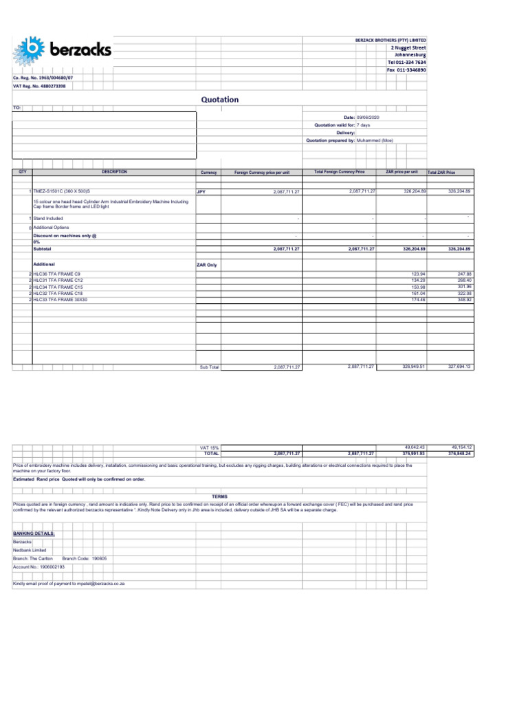 Berzacks Embroidery Machine Quotation | PDF | Business | Foreign ...
