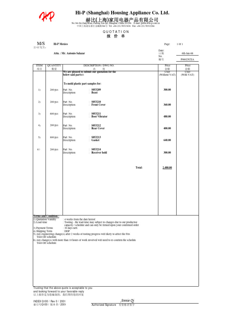 Quotation - P06025CEA - Basic - Samples | PDF | Technology & Engineering