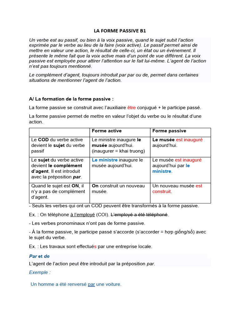 La Forme Passive B1 | PDF | Complément d'objet | Syntaxe