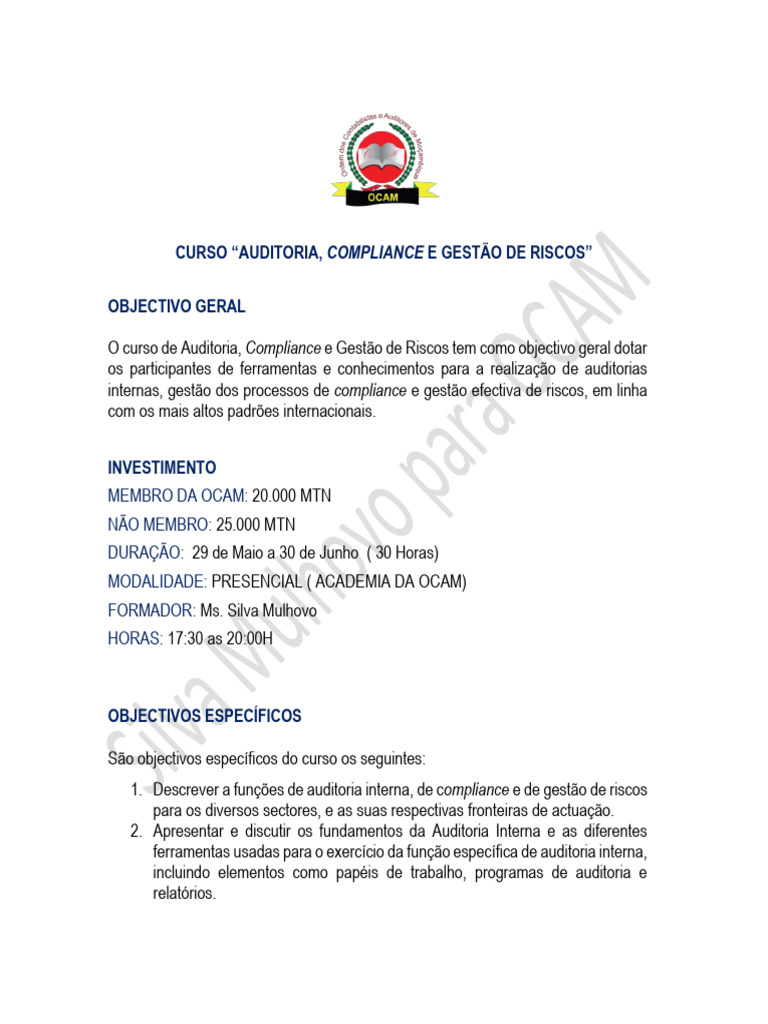 Programa de Formacao Auditoria Compliance | PDF | Conformidade regulatória | Auditoria interna