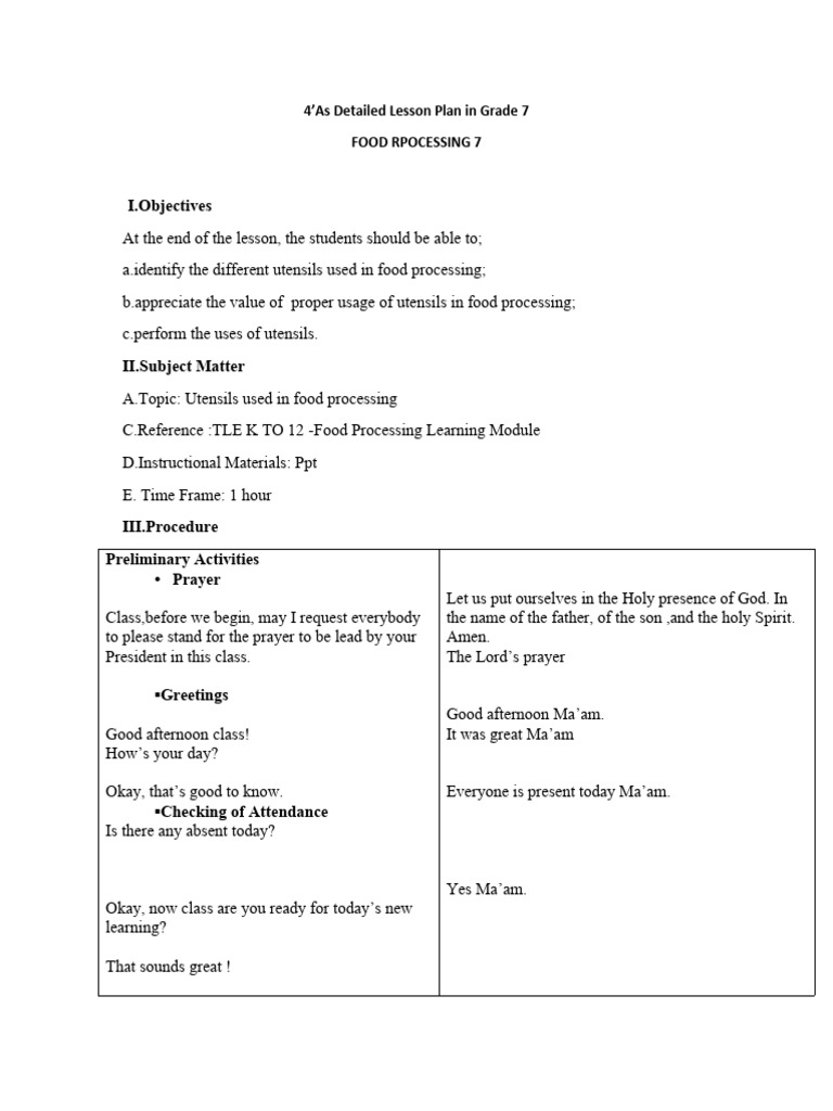 I.Objectives: 4'as Detailed Lesson Plan in Grade 7 Food Rpocessing 7 ...