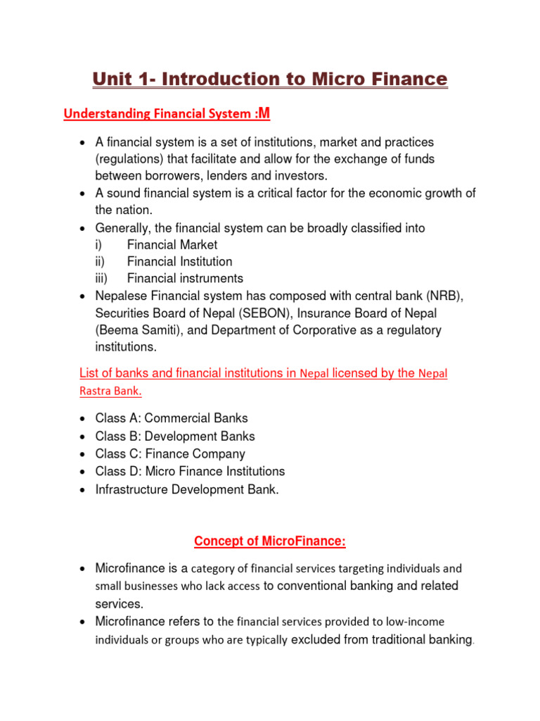 Unit 1 Introduction To Microfinance | PDF | Microfinance | Grameen Bank