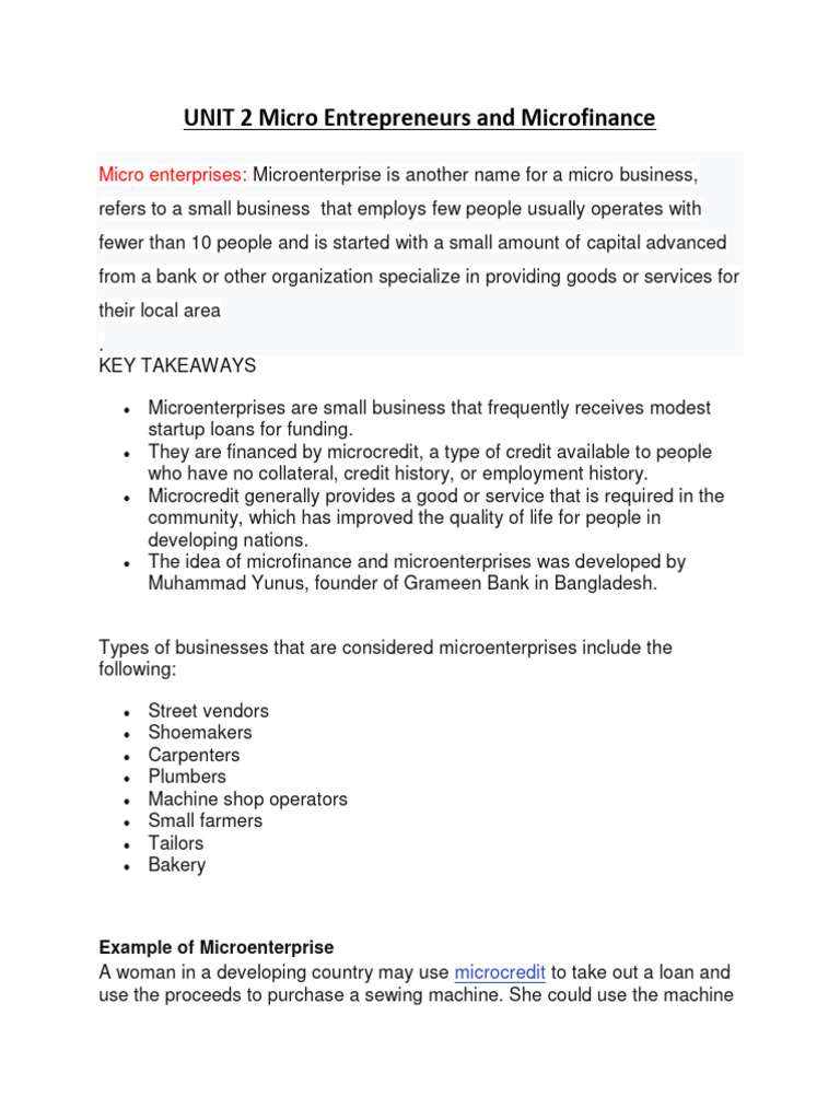Unit 2 Micro Entrepreneur and Microfinance | PDF | Microcredit | Marketing