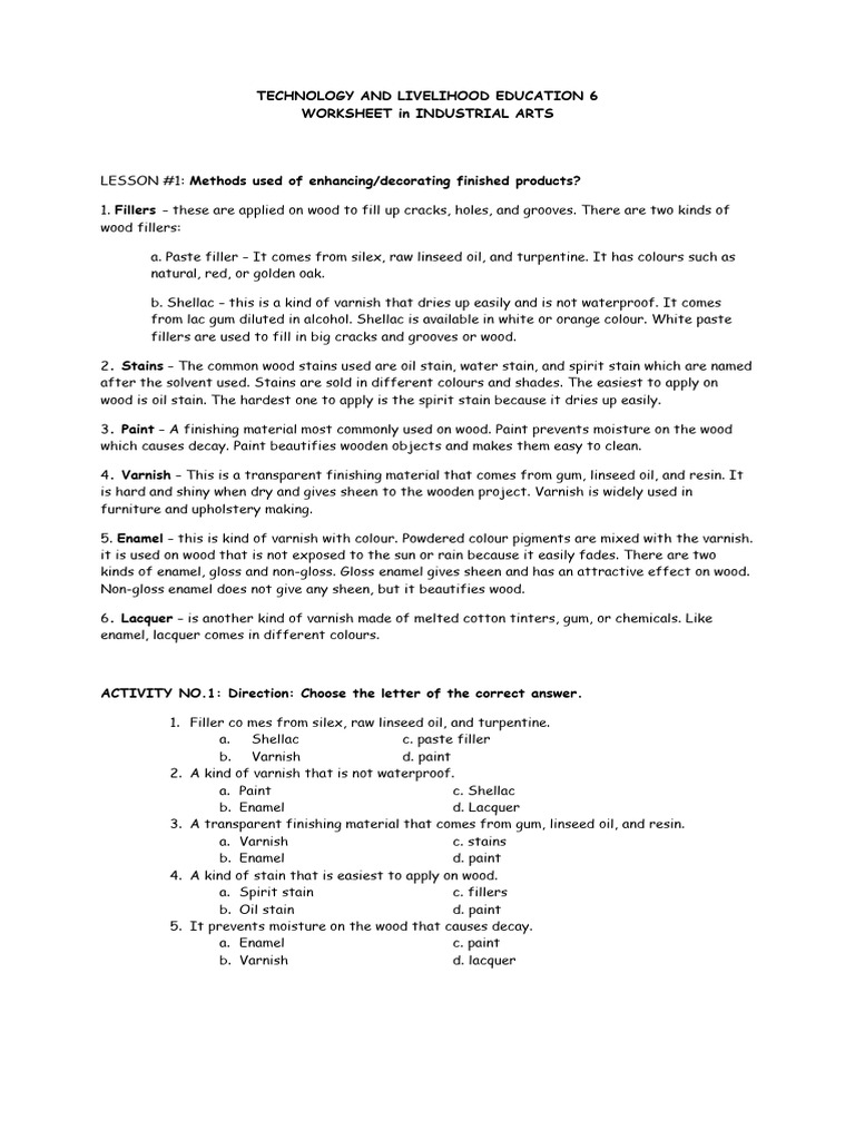 WORKSHEET in TLE INDUSTRIAL ARTS | Download Free PDF | Varnish | Paint