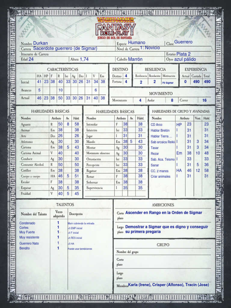 Warhammer Fantasy 4 Ed - Hoja de Personaje Editable (Azul) - Sigmar - Nuevo - 20240318 | PDF