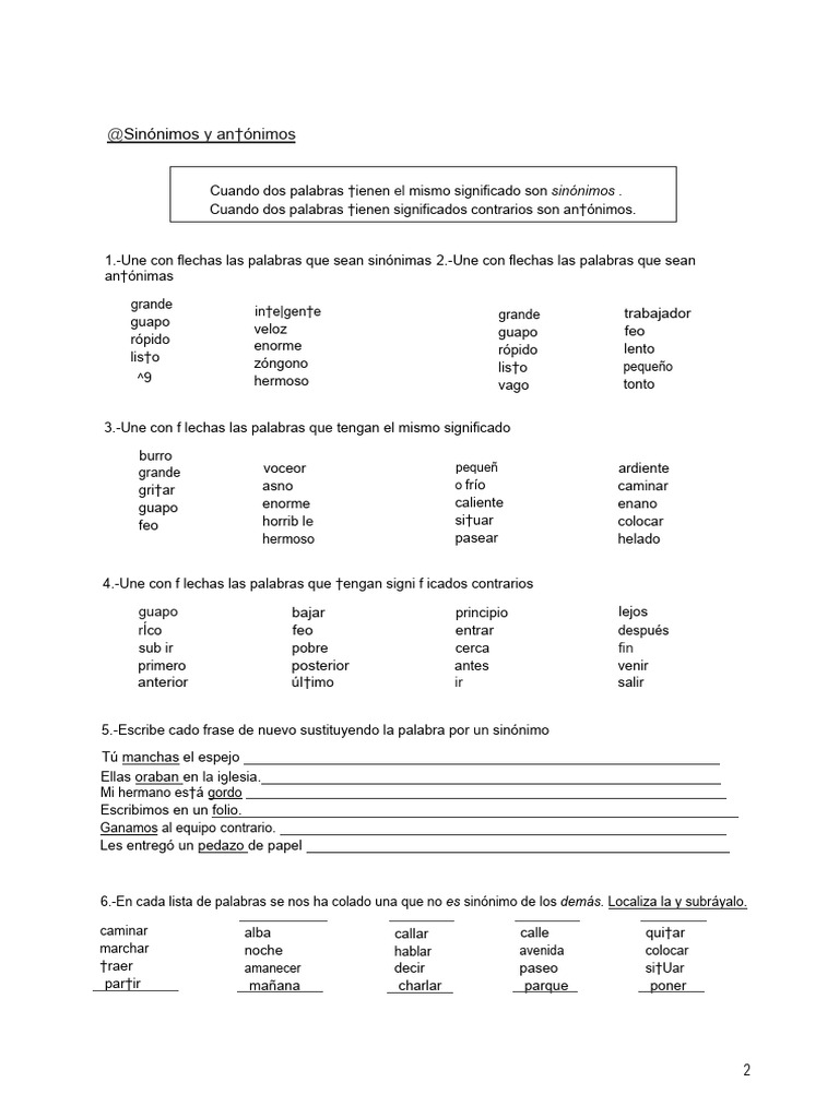 Sinónimos y Antónimos: Actividades educativas | PDF