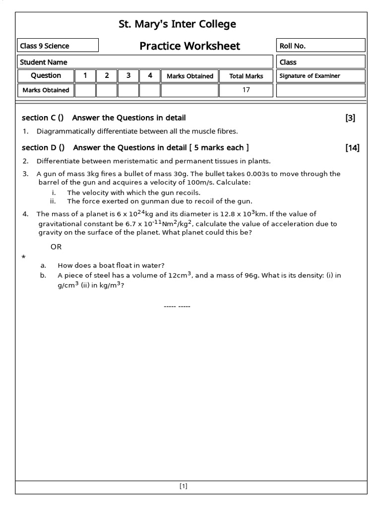 Class 9th Worksheet | PDF