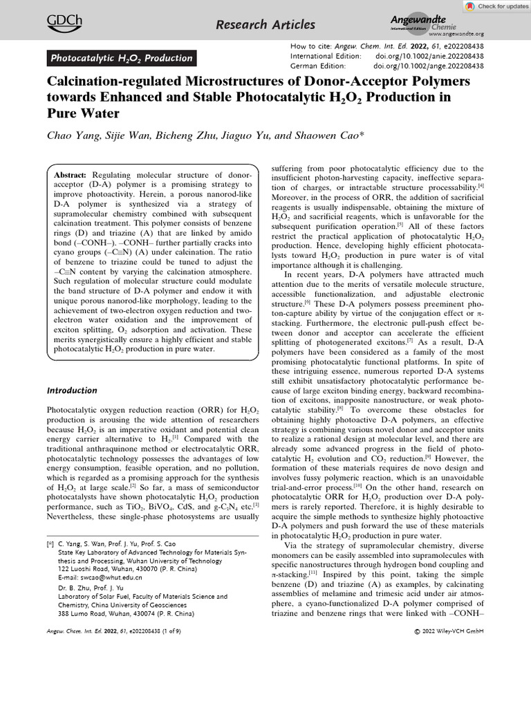 H2O2 Production (Calcination Regulated Microstructures of Donor Acceptor Polymers) | PDF ...