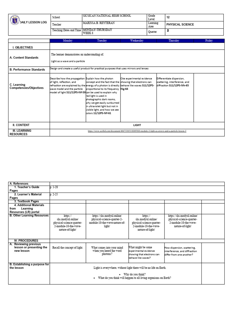 Week 8 Physical Science Lesson Plan | PDF | Light | Reproduction