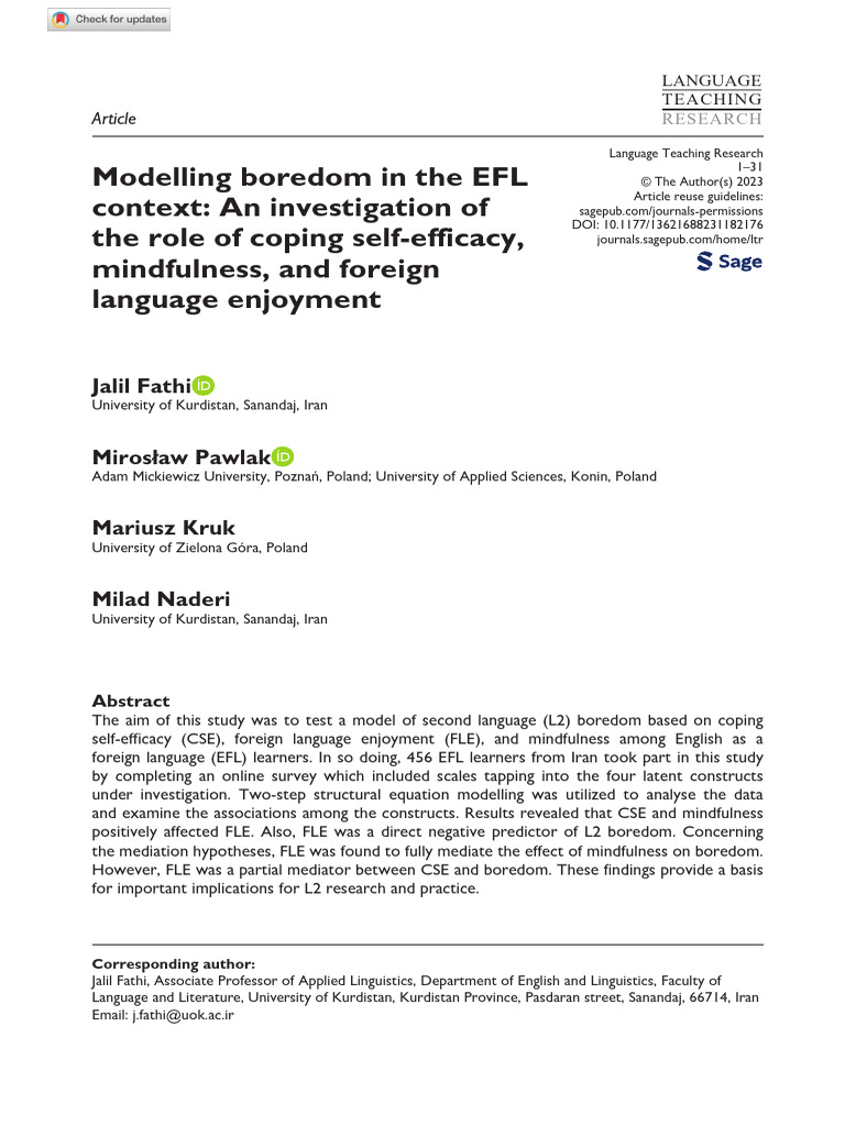 Fathi Et Al 2023 Modelling Boredom in The Efl Context An Investigation ... Fathi Et Al 2023 Modelling Boredom in The Efl Context An Investigation ...