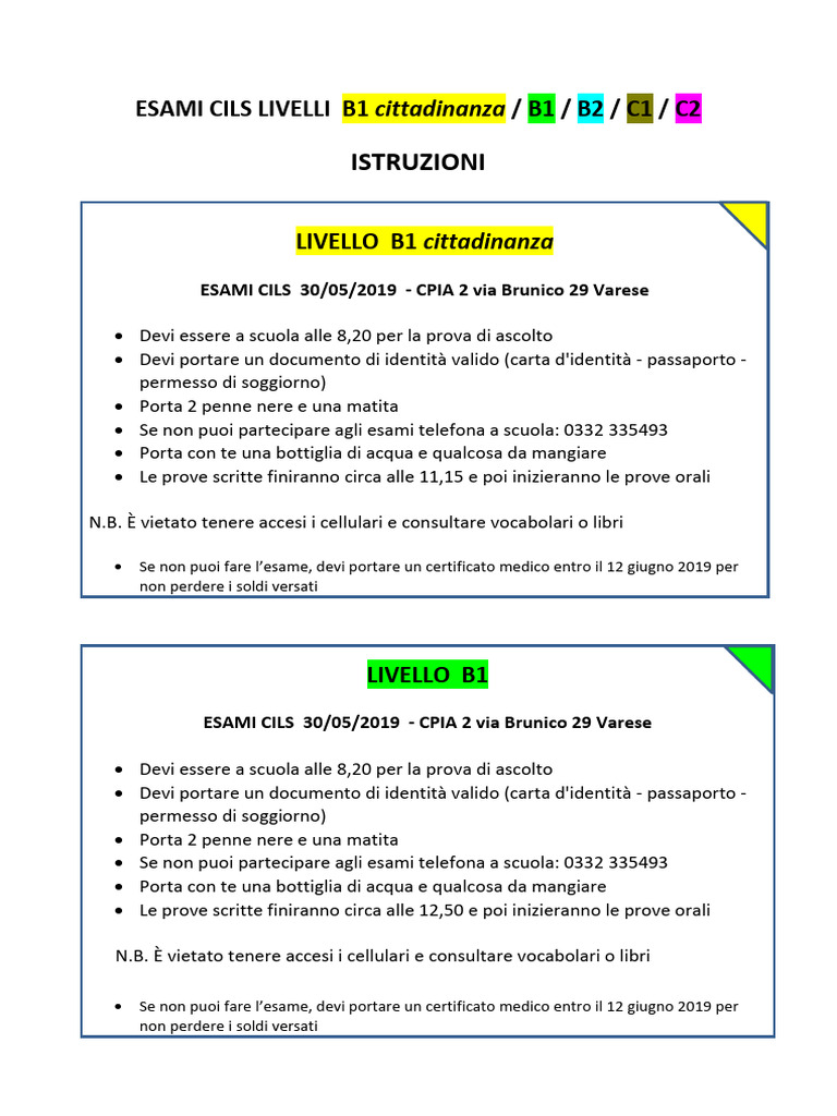 ESAMI CILS 30 MAGGIO 2019 Istruzioni | PDF