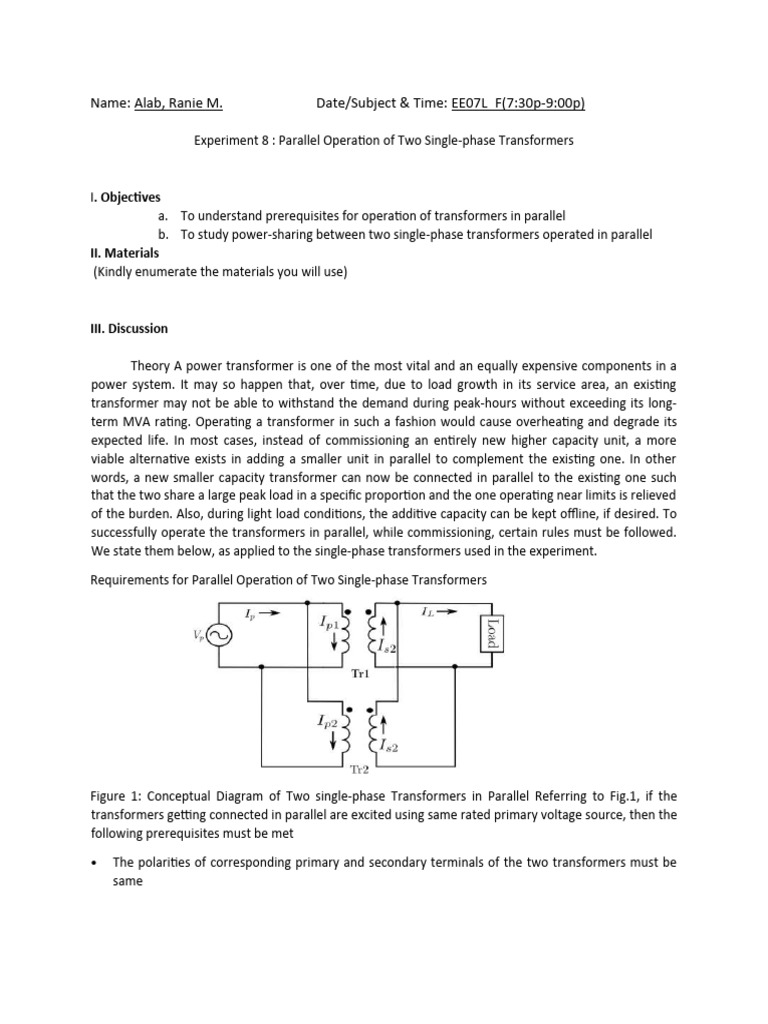 Experiment 8-Parallel Transformer Operation | PDF | Transformer | Series And Parallel Circuits