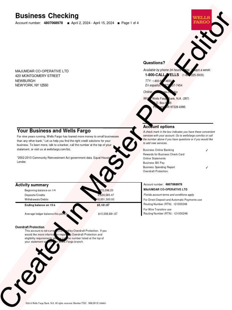 Wells Fargo Business Checking Statement | PDF | Overdraft | Banks