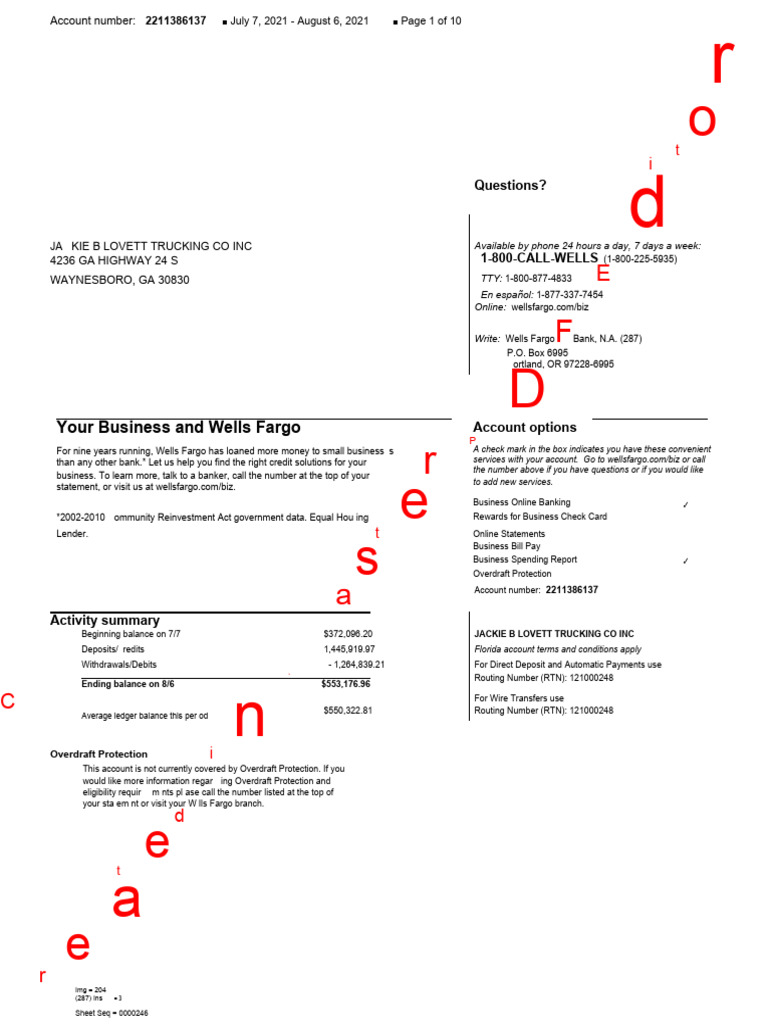 Jackie B Wells Fargo Statement August | PDF | Overdraft | Debits And Credits