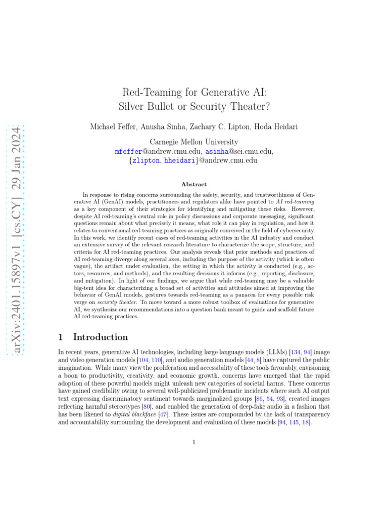Red-Teaming For Generative AI: Silver Bullet or Security Theater? | PDF | Artificial ...