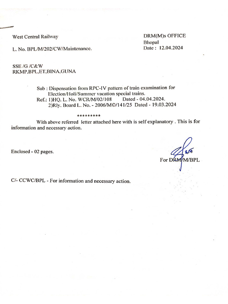 Dispensation From RPC-IV Pattern of Train Examination For Election-Holi-summer Vacation Special ...