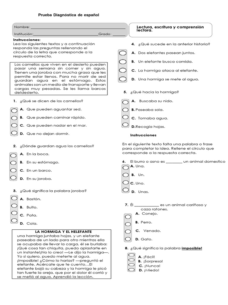 Prueba Diagnóstica Español: Lectura y Comprensión | PDF