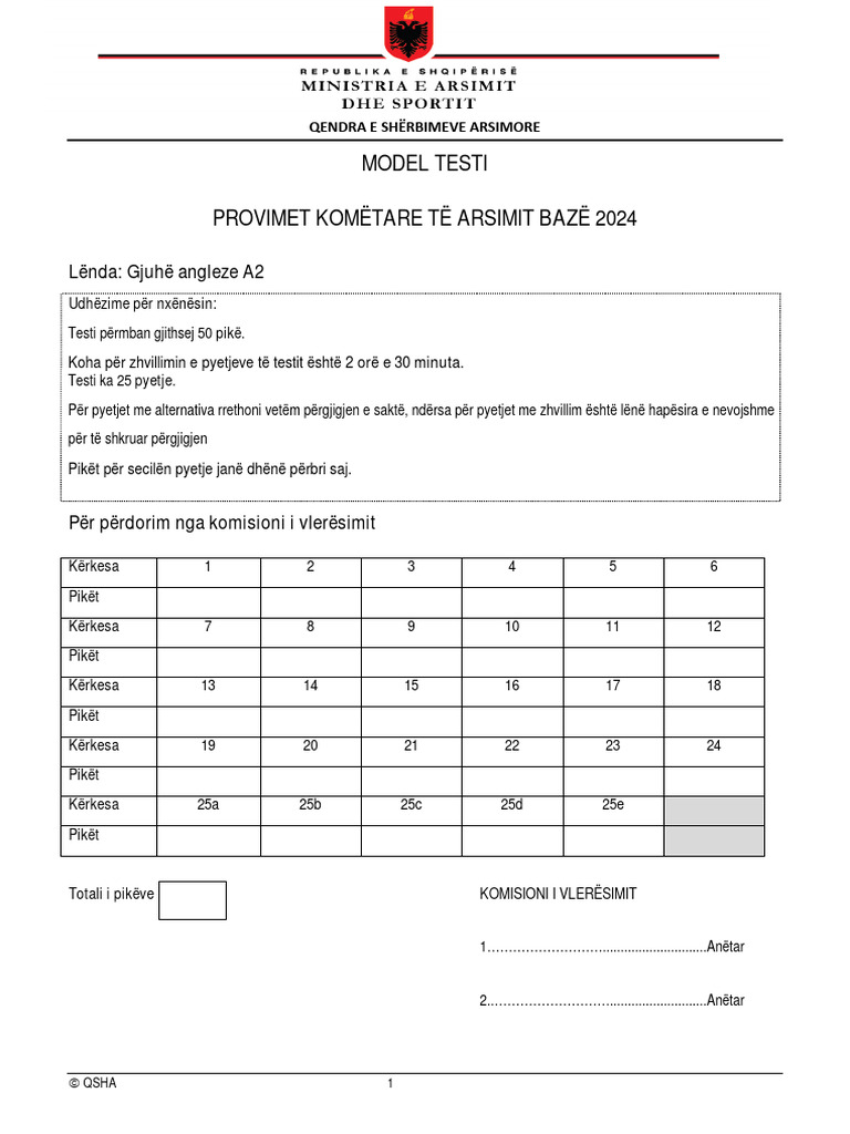 Model Testi PKAB 2024 Gjuhe Angleze | PDF