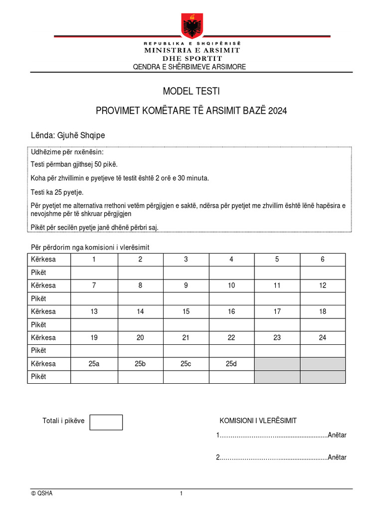 Model Testi PKAB 2024 Gjuhe Shqipe GEVyOJN | PDF