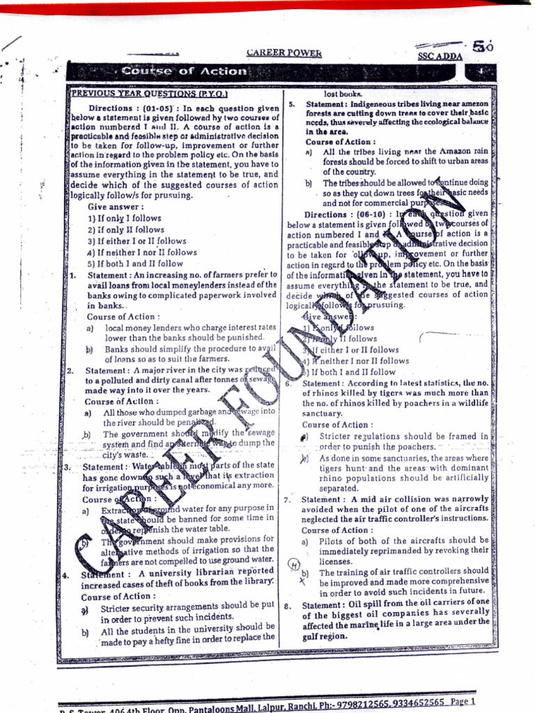 Course of Action Questions Practice | PDF