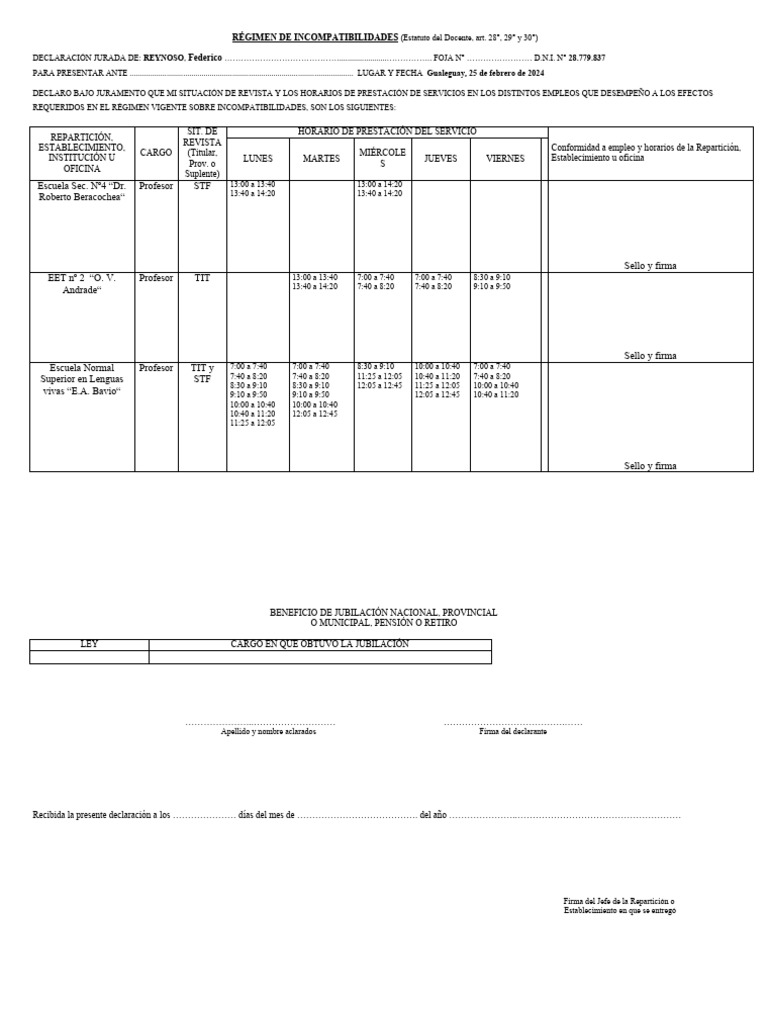 Planilla de Incompatibilidad | PDF