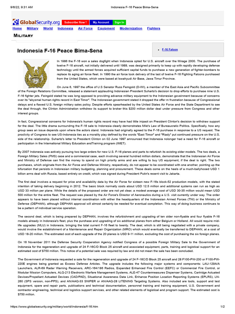 Indonesia F-16 Peace Bima-Sena | PDF | General Dynamics F 16 Fighting ...