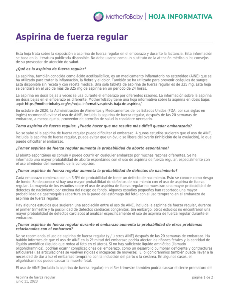 Aspirina de Fuerza Regular | PDF | Aspirina | El embarazo