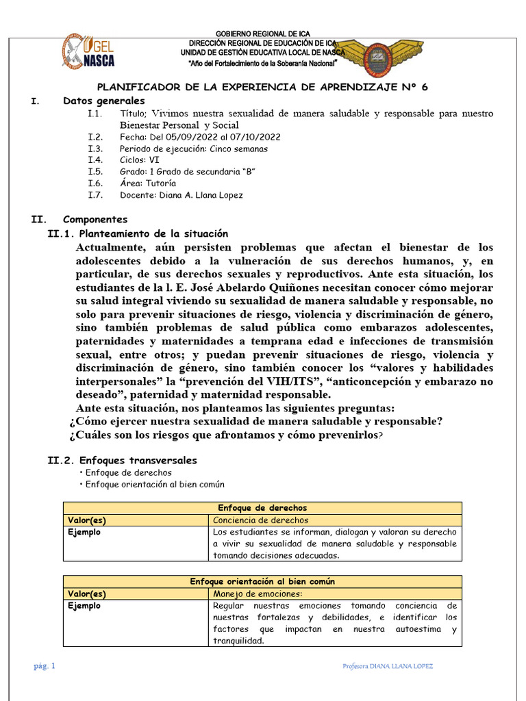 Planificador de La Experiencia de Aprendizaje N 6 | PDF | La sexualidad humana | Conceptos ...
