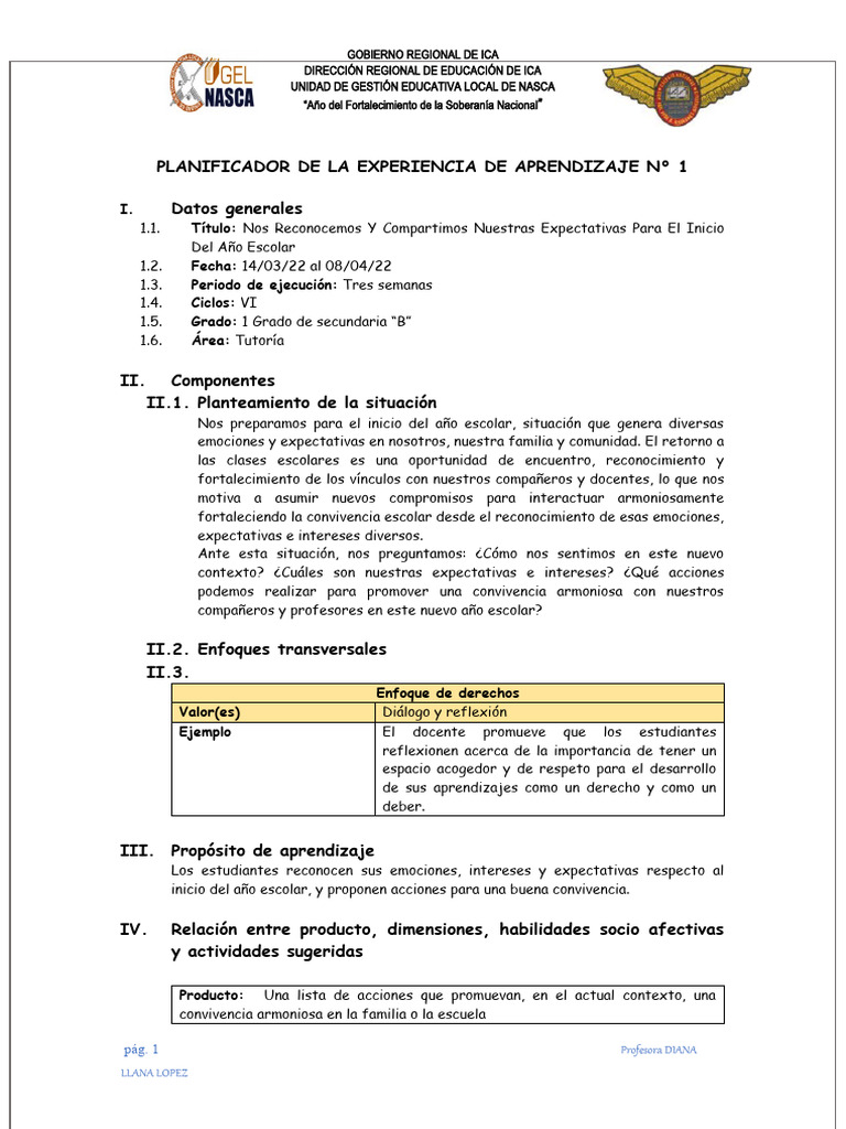 Planificador de La Experiencia de Aprendizaje N | PDF | Las emociones | Maestros