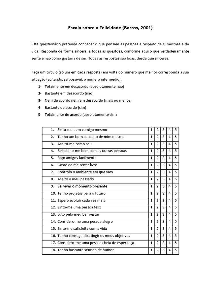 Escala Felicidade (ESAF) | PDF