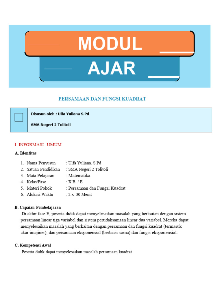 Modul Ajar Fungsi Kuadrat Disiplin Positif | PDF | Karier & Perkembangan