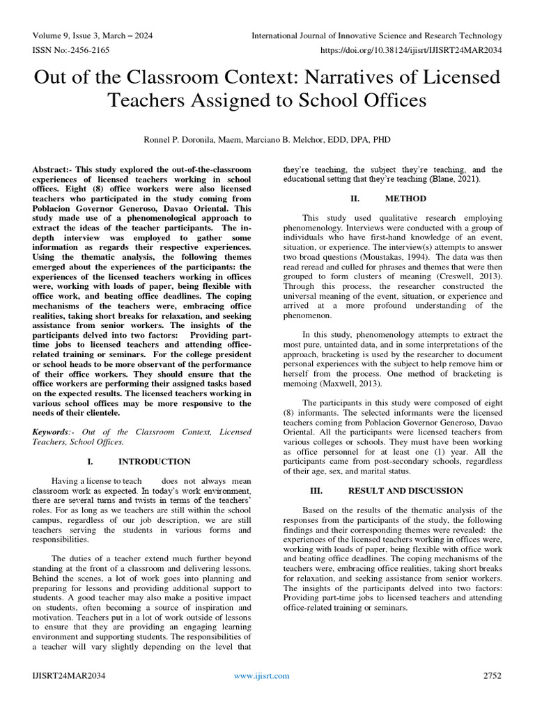 Out of The Classroom Context: Narratives of Licensed Teachers Assigned ...