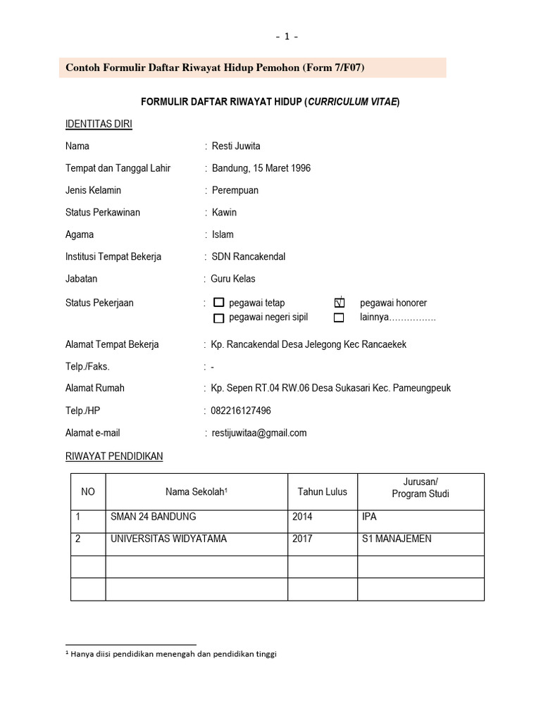 Formulir Daftar Riwayat Hidup Pemohon | PDF