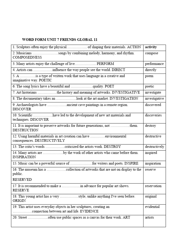 Word Forms in Unit 7: Friends Global 11 | PDF | Foreign Language Studies