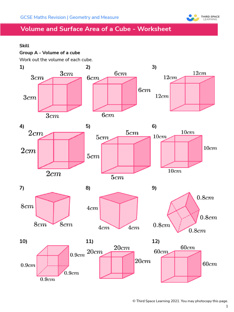 Third Space Learning Volume and Surface Area of A Cube GCSE Worksheet 1 ...