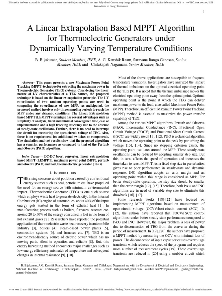 A Linear Extrapolation Based MPPT Algorithm For Thermoelectric Generators Under Dynamically ...