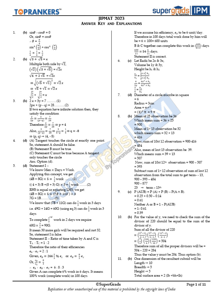 JIPMAT 2023 Answer Key | PDF | Grammatical Tense | Pi