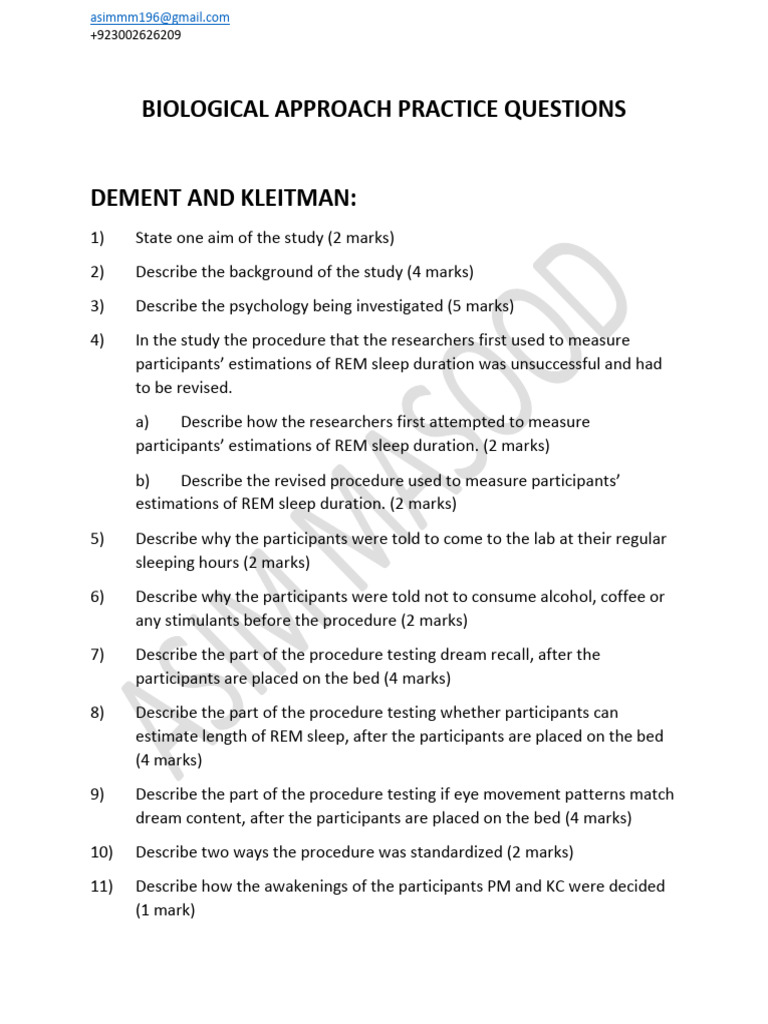 BIOLOGICAL_APPROACH_PRACTICE_QUESTIONS | PDF | Sleep | Dream