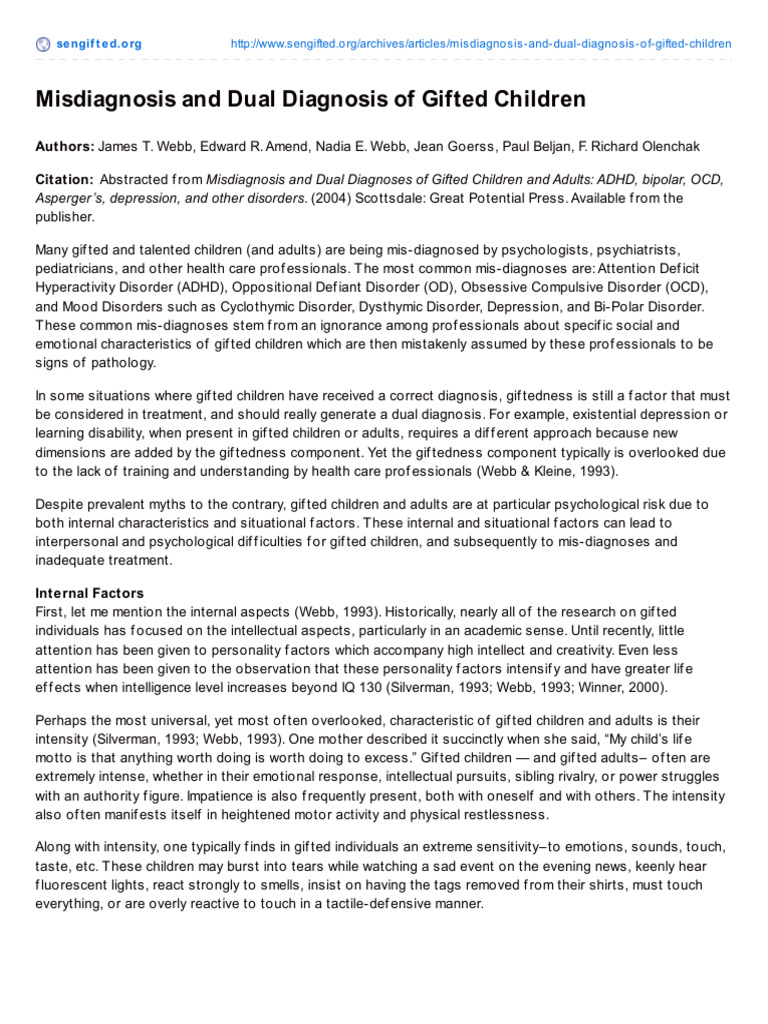 Misdiagnosis and Dual Diagnosis of Gifted Children | PDF | Mental ...