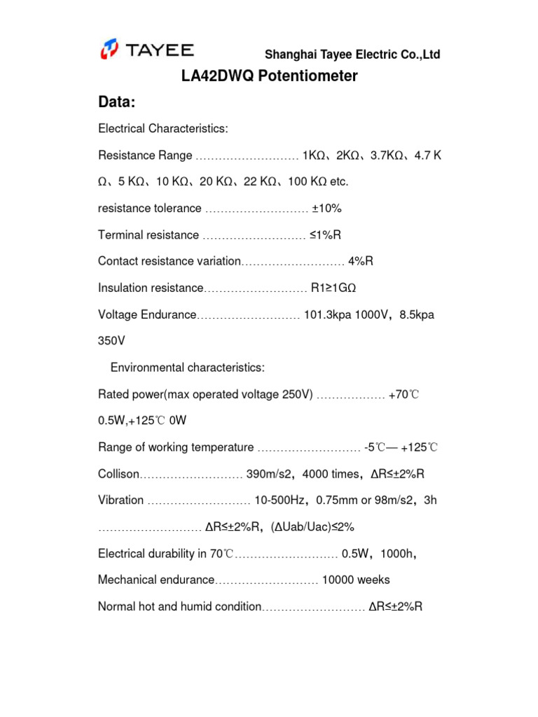LA42DWQ Potentiometer Specifications | PDF | Science & Mathematics ...