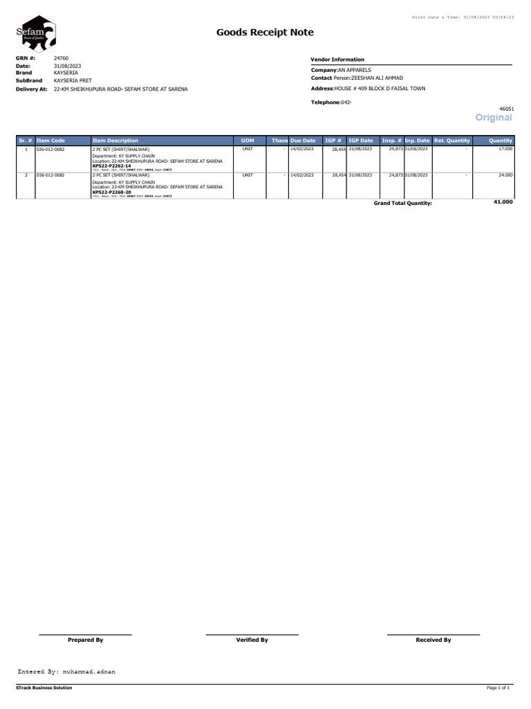Goods Receipt Note: Original | PDF