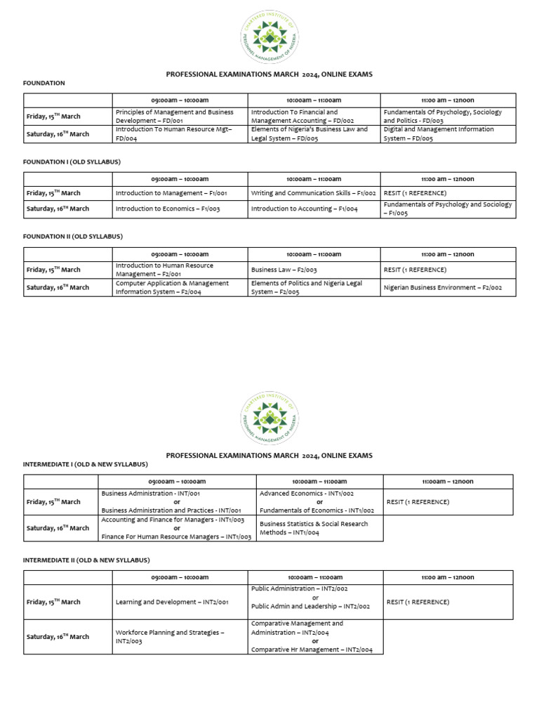 Cipm 2024 I Psd-Pe Online-Exams-Timetable March-2024 | PDF | Human ...