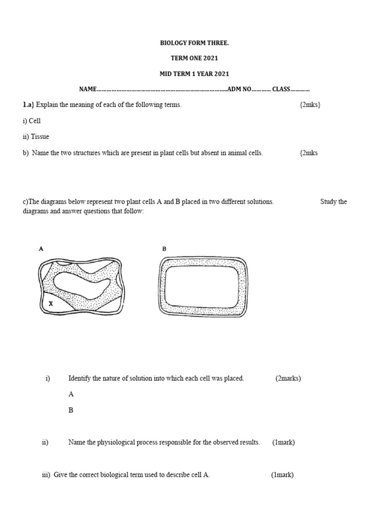 Set1 Bio Qstns MidTerm 1 2021 Teacher - Co - .Ke F3 Exam | PDF ...