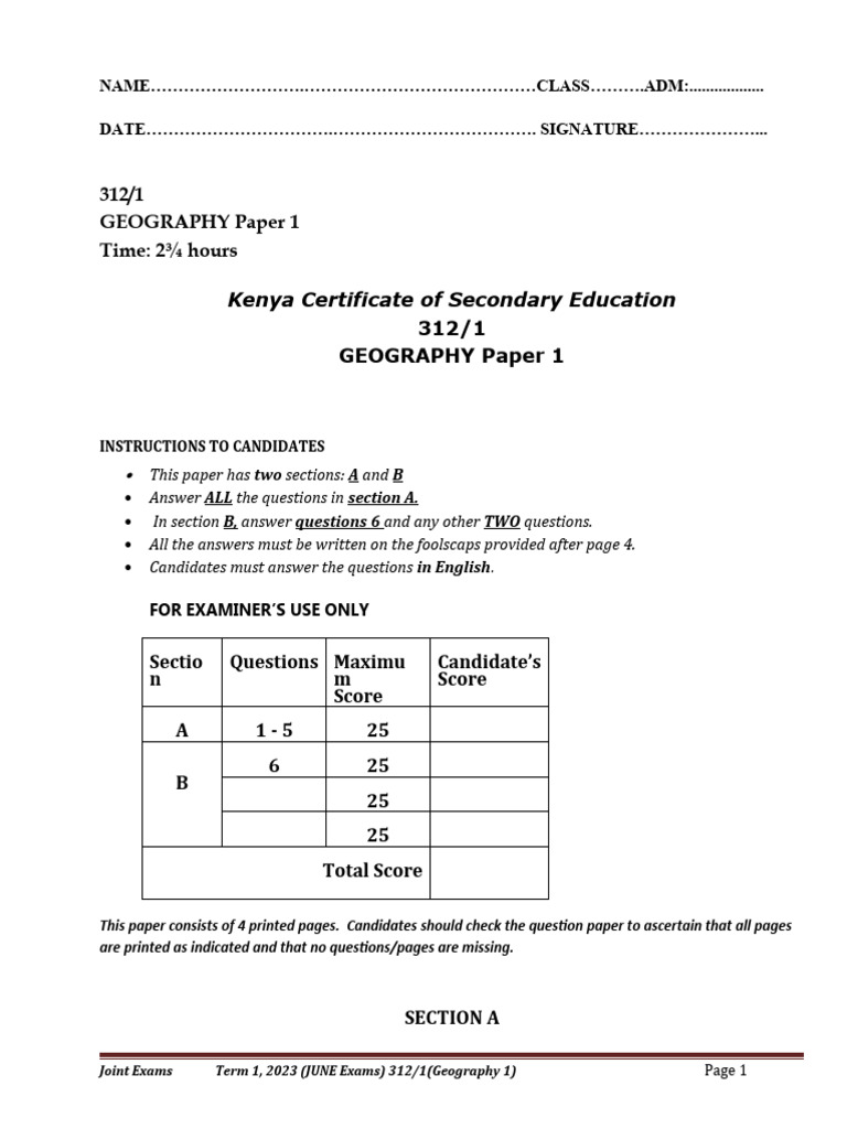 KCSE Geography Exam Paper | PDF | Map | Mountains
