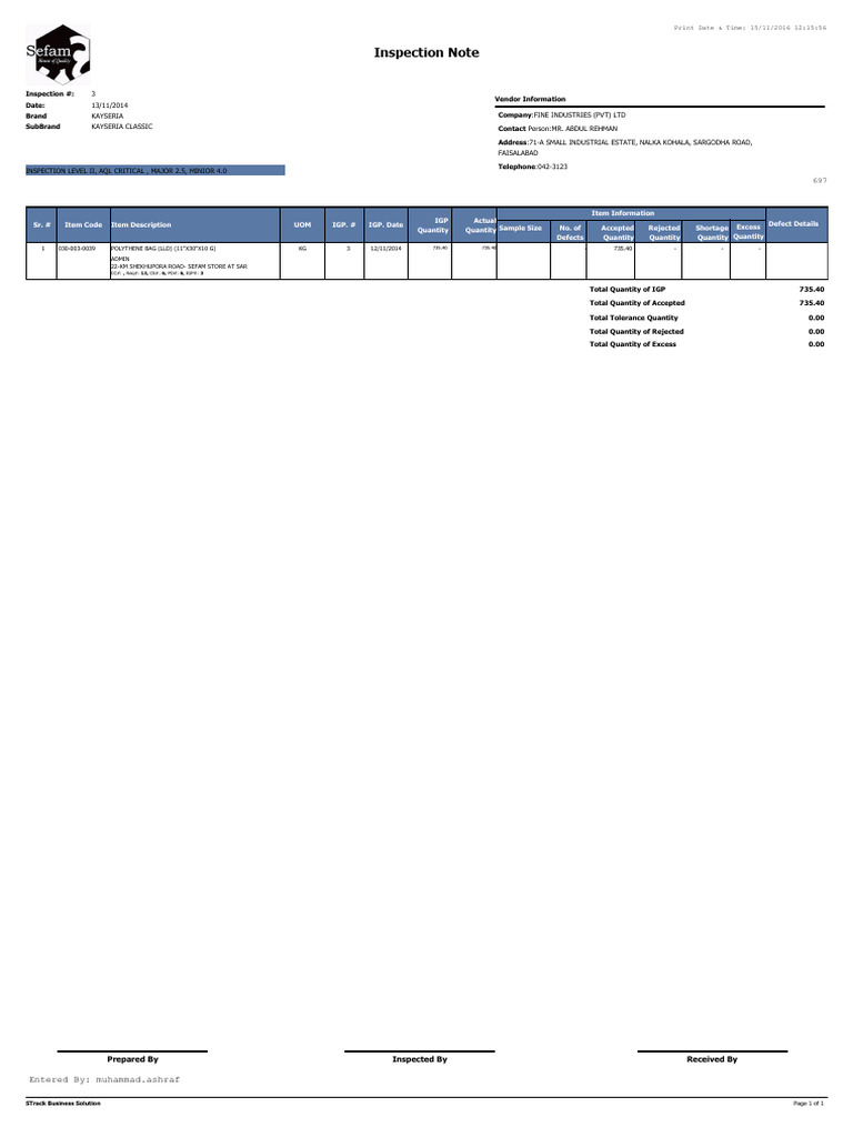 Inspection Note: 3 13/11/2014 Kayseria Kayseria Classic | PDF