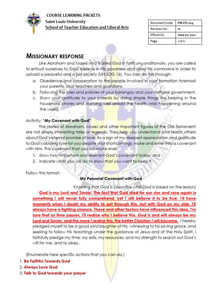 Module 2 Lesson 1 Missionary Response - Mark Xavier Viduya | PDF ...